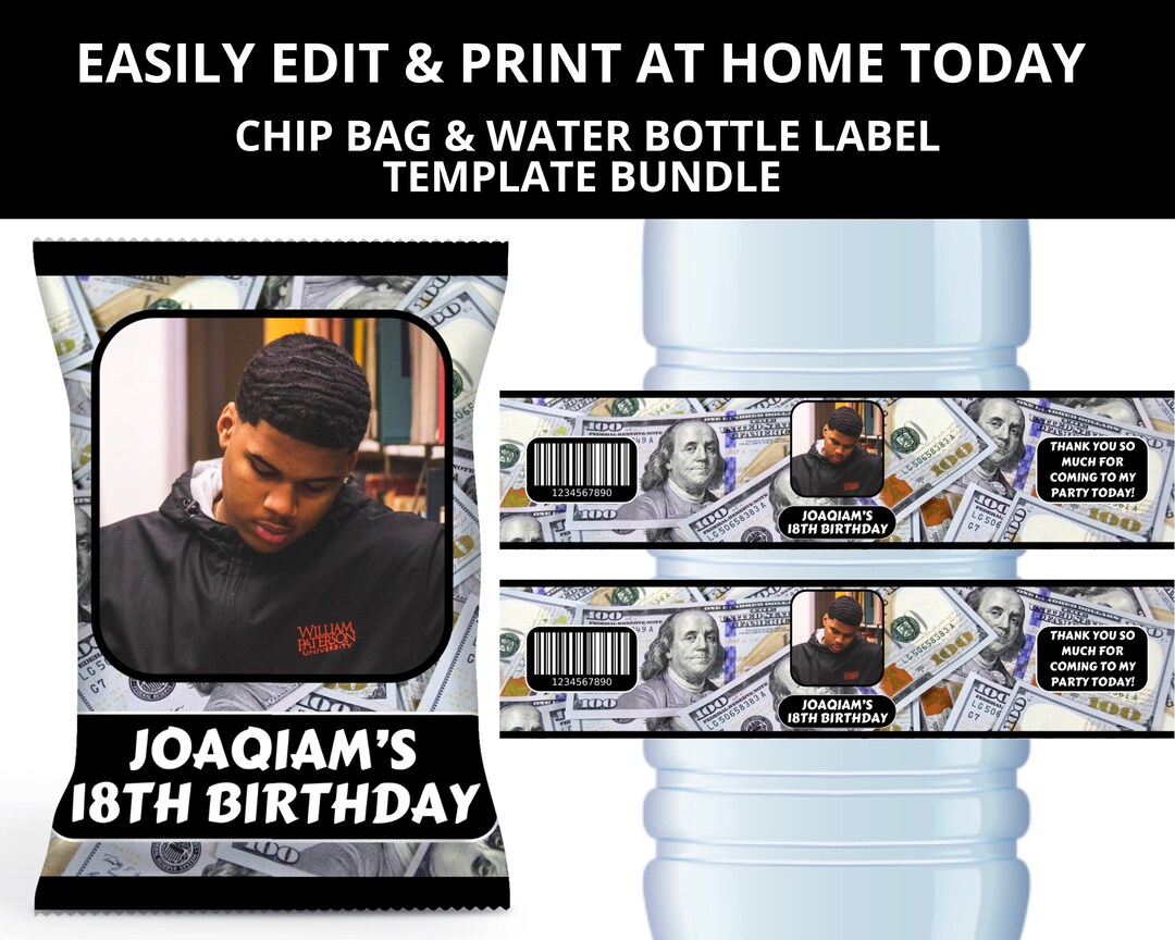 Money Theme Birthday Party Chip Bag & Water Bottle Label Template ...