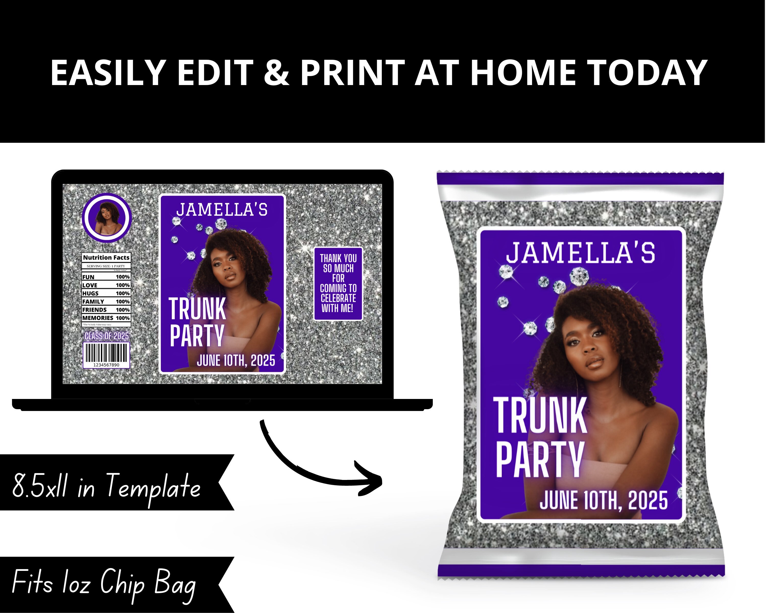 Purple & Silver Glitter Trunk Party Chip Bag Template - Etsy Canada