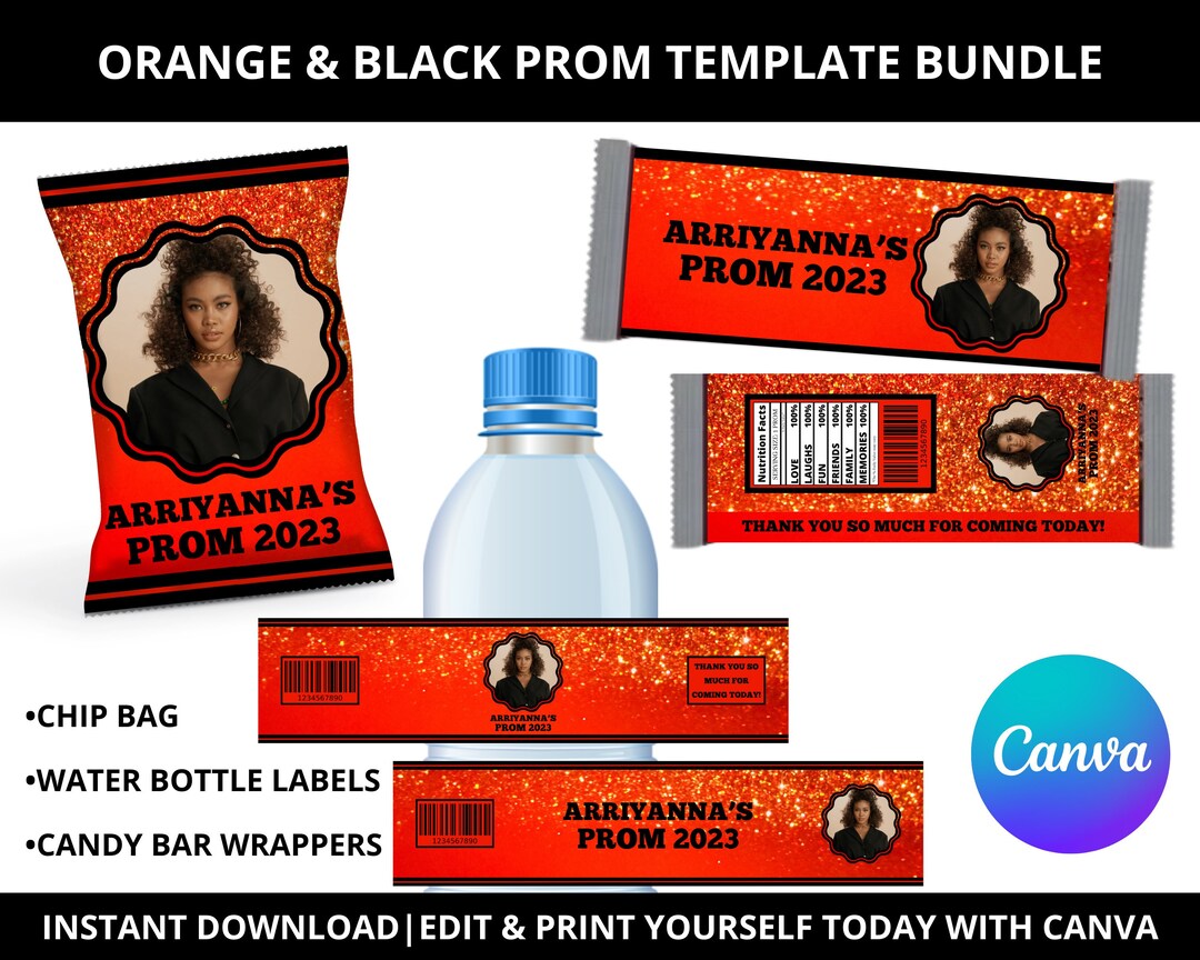 Orange & Black Prom Sendoff Template Bundle, Prom 2023 Chips, Water ...