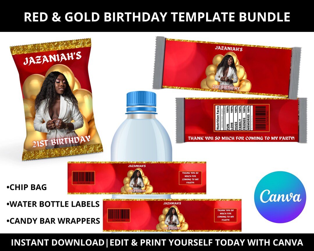 Red and Gold Birthday Chip Bag, Water Bottle Labels & Candy Bar Wrapper ...
