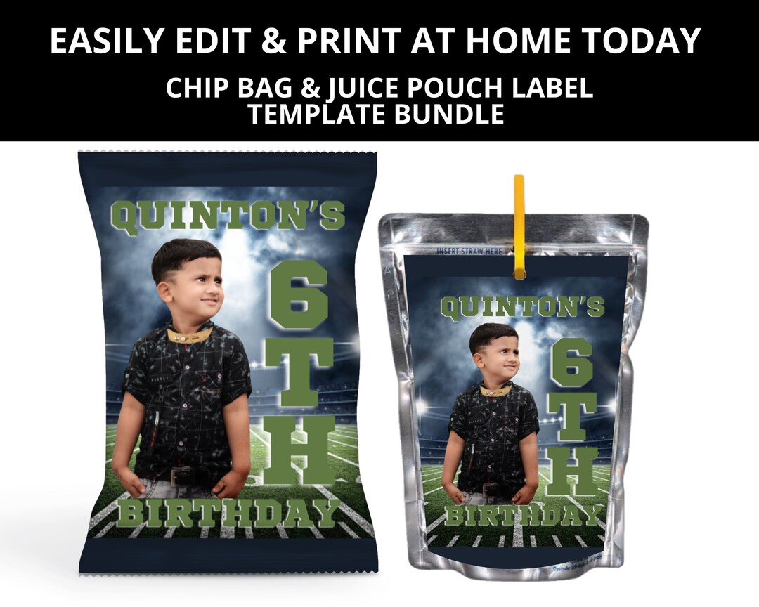 Editable Football Theme Birthday Chip Bag & Juice Pouch Label Template ...