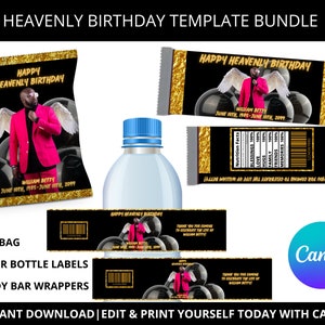 Black and Gold Heavenly Birthday Chip Bag, Water Bottle Labels & Candy ...
