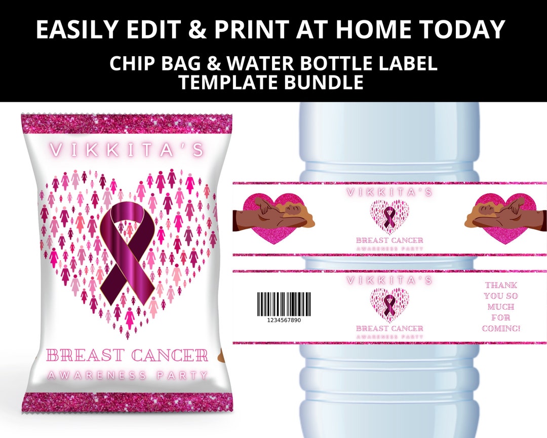 Editable Breast Cancer Awareness Chip Bag & Water Bottle Label Template Bundle - Etsy