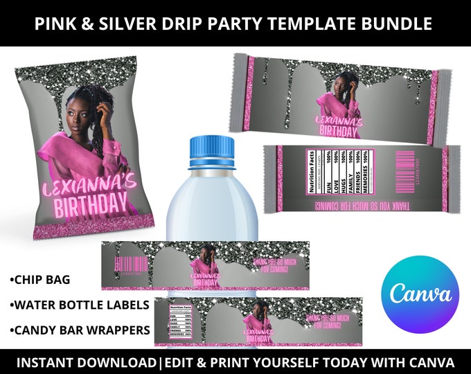 Pink and Silver Drip Birthday Template Bundle, Pink Drip Chip Bag ...
