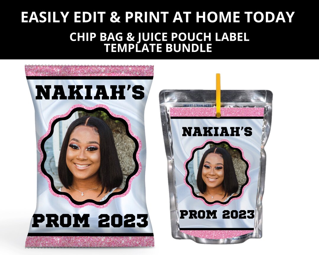 Pink and Black Glam Prom Chip Bag & Juice Pouch Label Template Bundle ...