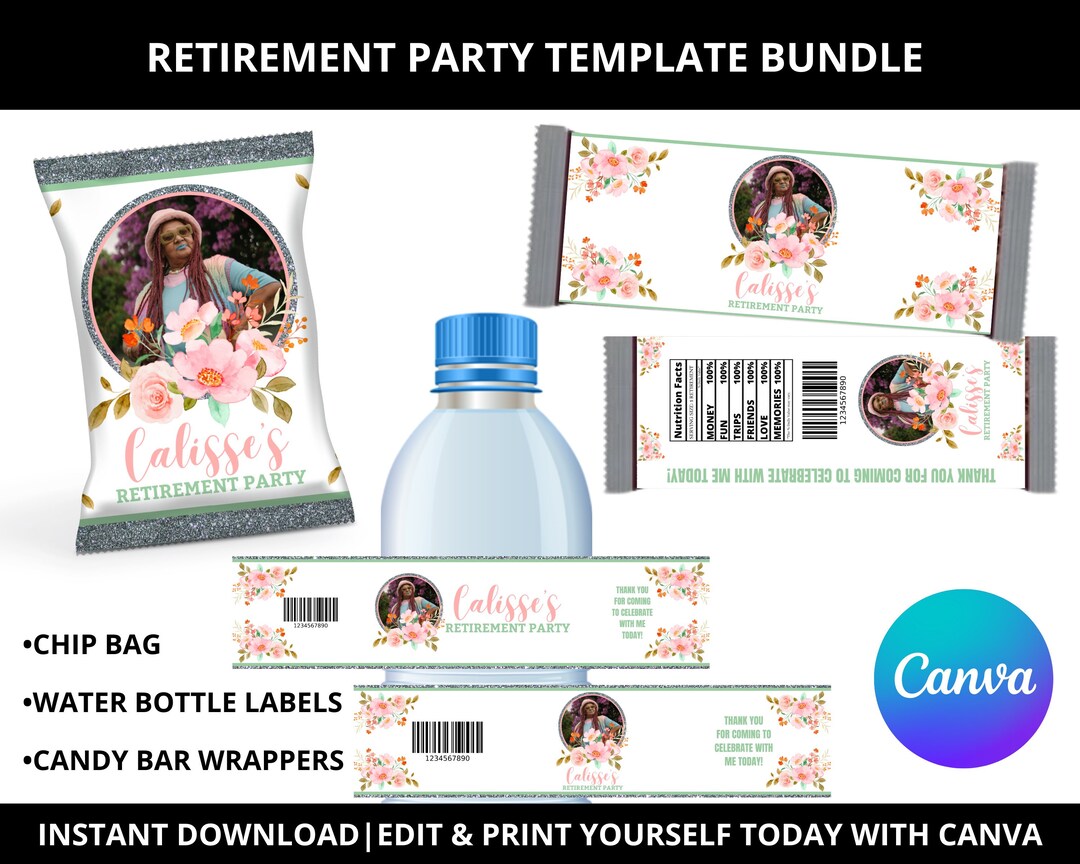 Floral Retirement Party Template Bundle, Editable Retirement Chip Bag ...
