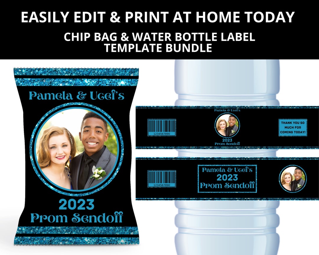 Black and Aqua Prom Sendoff Template Bundle, Prom 2023 Chip Bag & Water ...