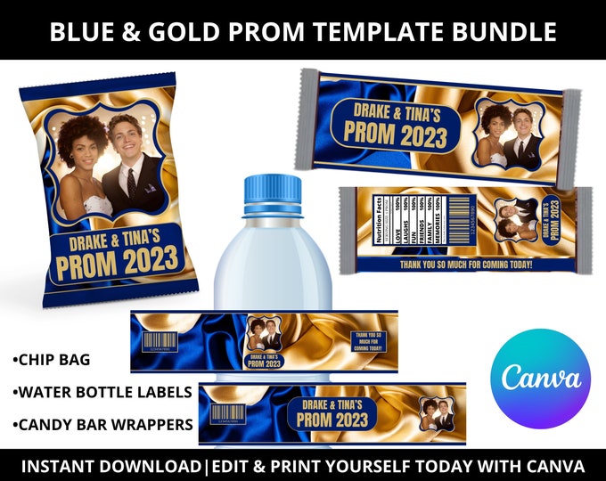 Blue and Gold Prom Chip Bag, Water Bottle Labels & Candy Bar Wrappers ...