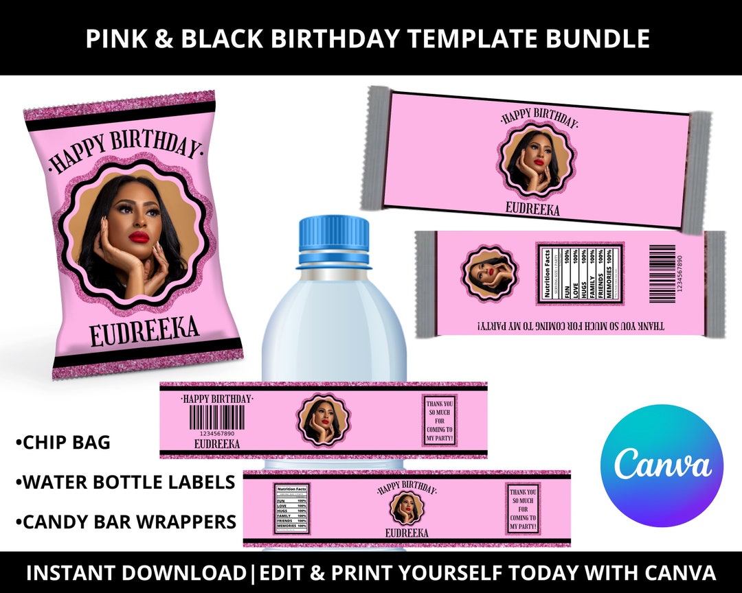 Pink and Black Birthday Chip Bag, Water Bottle Labels & Candy Bar ...