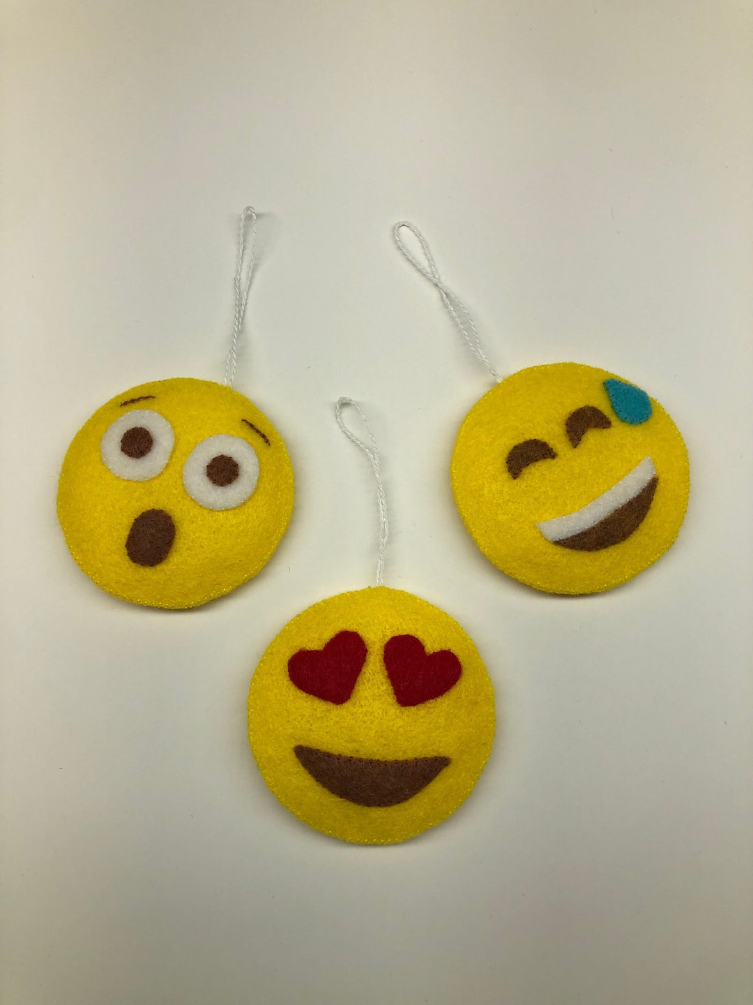 Handmade Felt Emoji Round Ornaments Yellow Laughing Surprised Heart ...