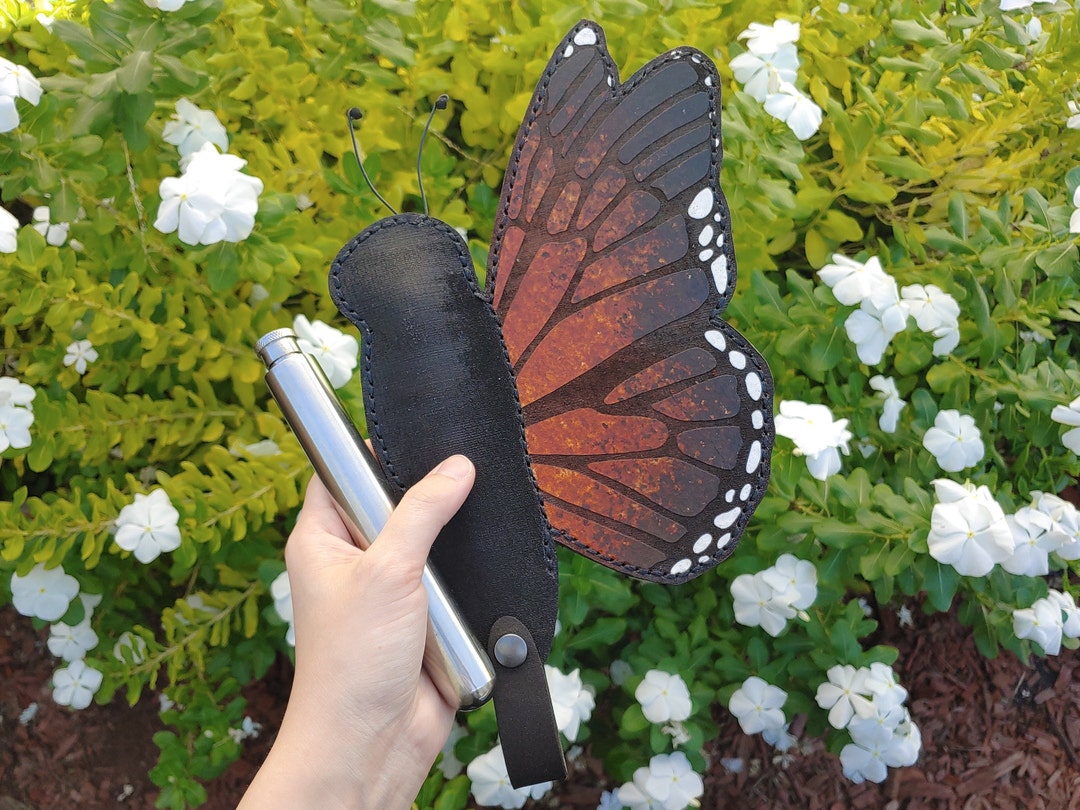 Lasered Engraved Leather Butterfly Wing Hand Fan With 2oz Flask ...