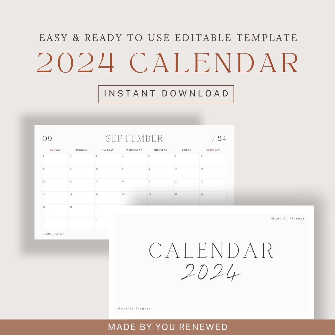 EDITABLE- 2024 Dated Monthly Calendar Printable, A4/a5/letter/half ...