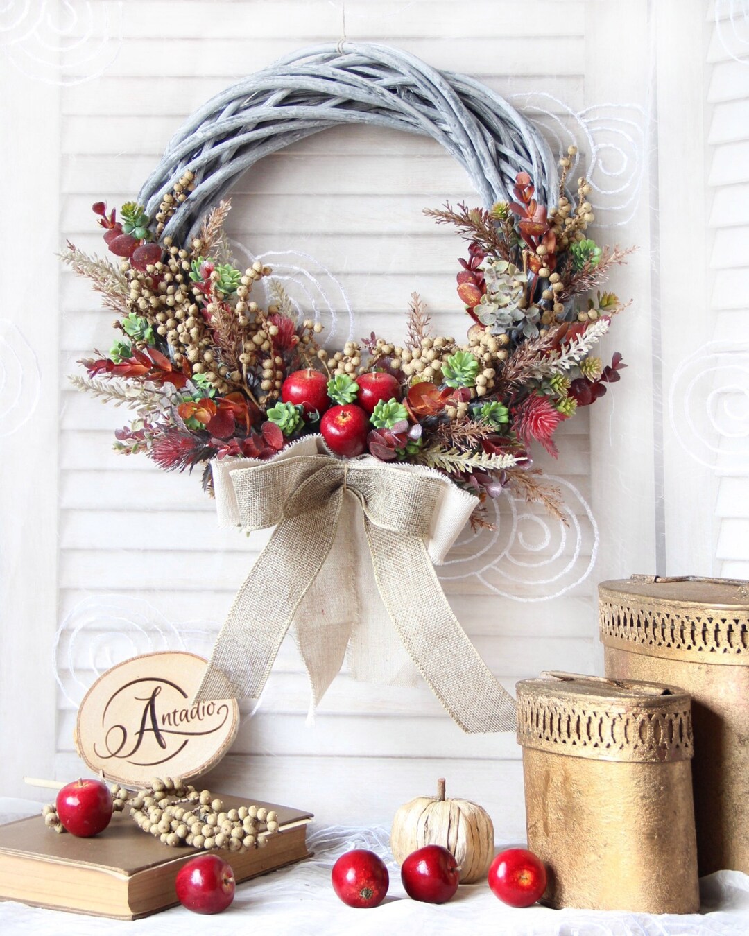 Door Wreath With Red Apples, Fall Garland for Boho Interior, Beautiful ...