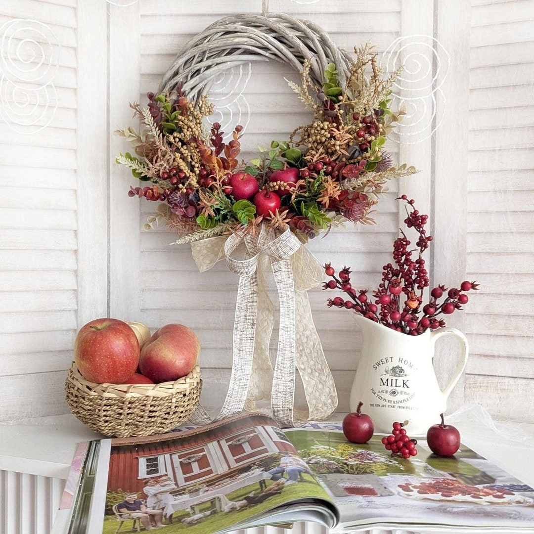 Door Wreath With Red Apples, Fall Garland for Boho Interior, Beautiful ...