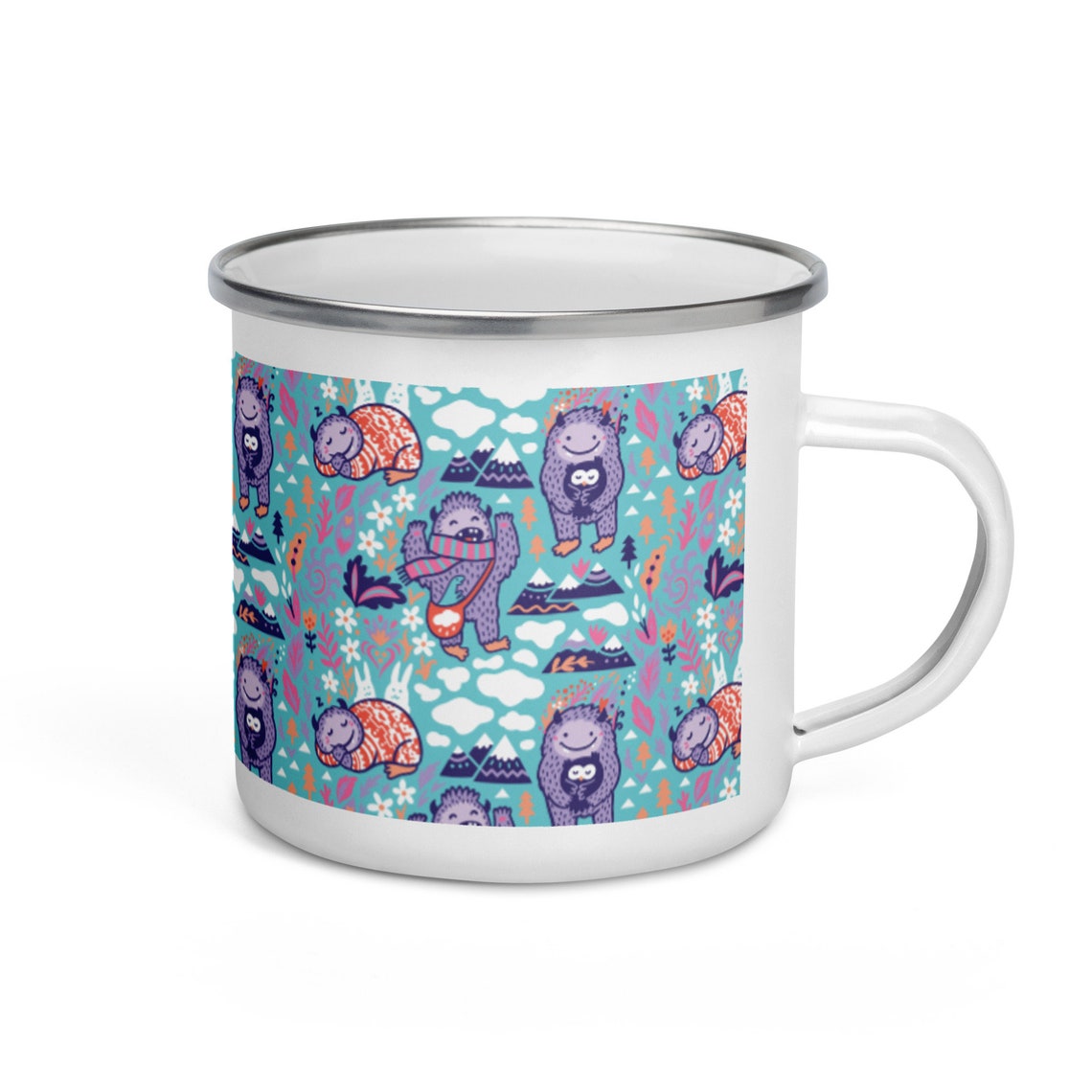 Yeti Big Foot Cute Snow Monster Cartoon Ice Blue Enamel Coffee Tea Hot ...