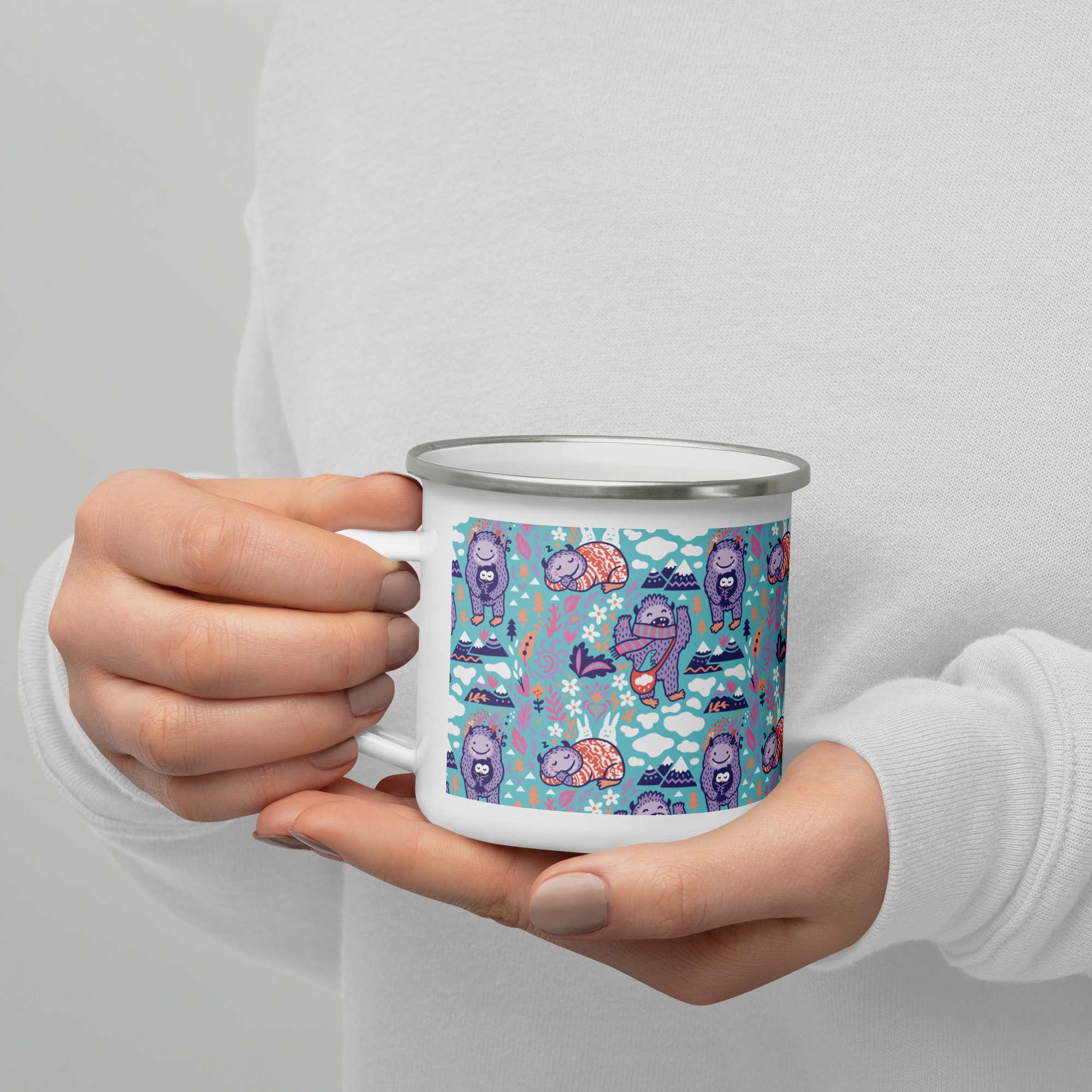 Yeti Big Foot Cute Snow Monster Cartoon Ice Blue Enamel Coffee Tea Hot ...