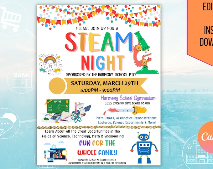 EDITABLE Family Steam Night Flyer, School PTA PTO Flyer, Community ...
