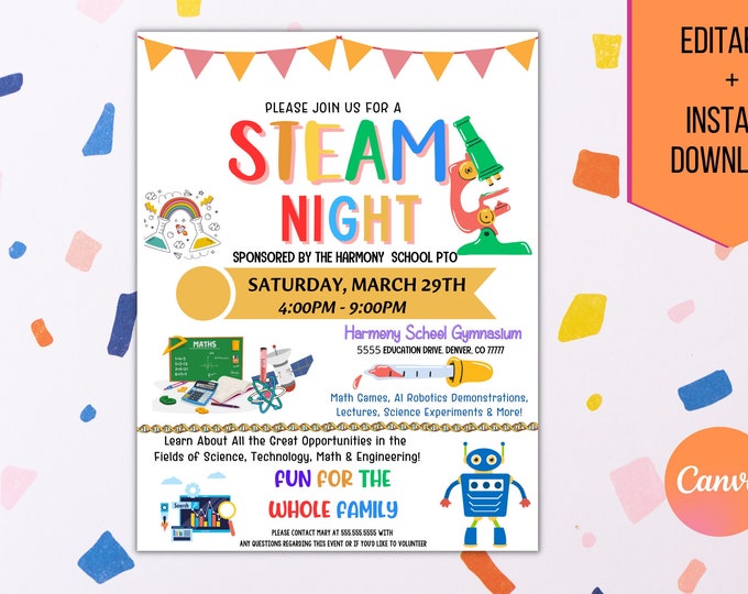 EDITABLE Family Steam Night Flyer, School PTA PTO Flyer, Community ...