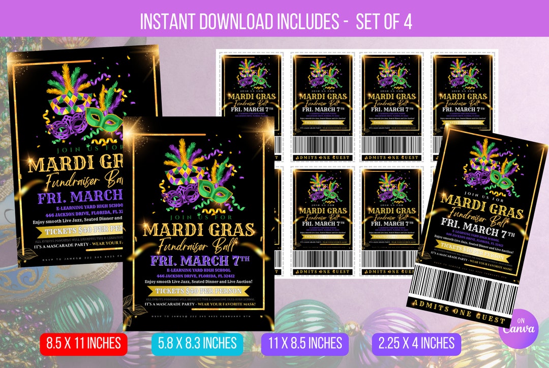 EDITABLE Mardi Gras Fundraiser Ball Invitation Flyer With Invitation ...