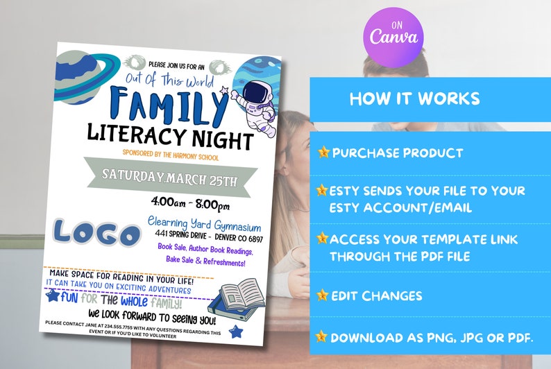 Editable Family Literacy Night Flyer, PTO PTA Reading Book Sale School ...