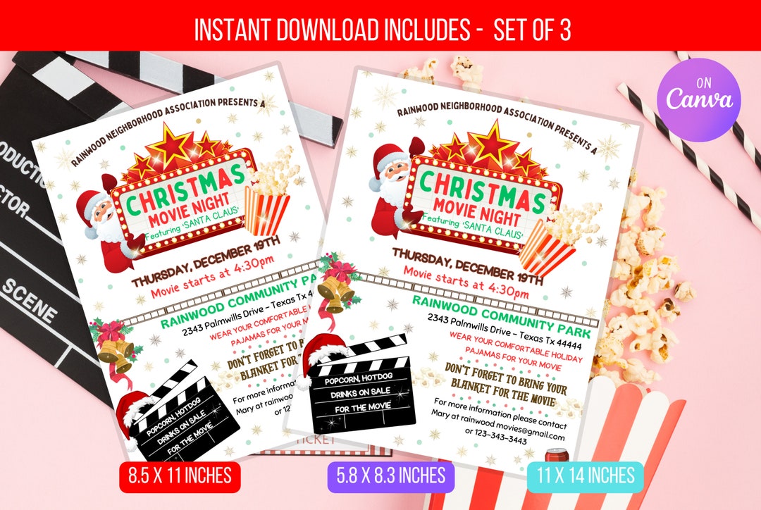 EDITABLE Christmas Movie Night Flyer, Flyer Xmas School Flyer, Church ...