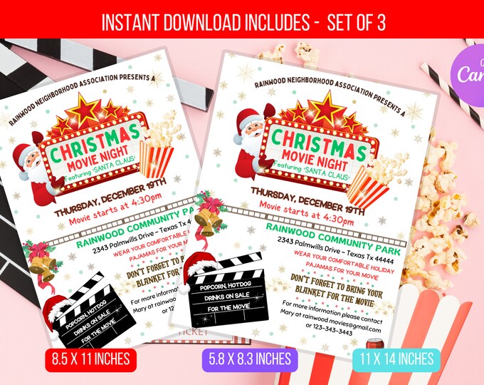 EDITABLE Christmas Movie Night Flyer, Printable PTA PTO Flyer Xmas ...