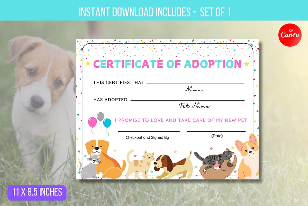 EDITABLE Adoption Certificate for Lets Pawty, Kitty Cat Party, Dog ...