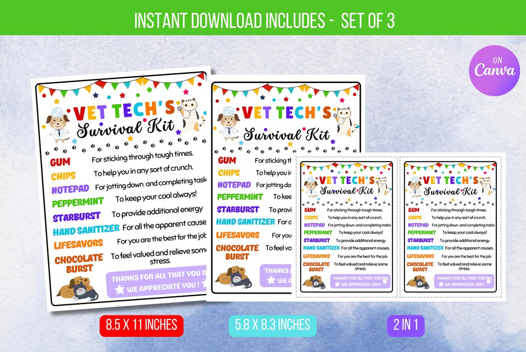 EDITABLE Veterinary Tech Survival Kit Gift Tags, Animal Hospital Staff ...