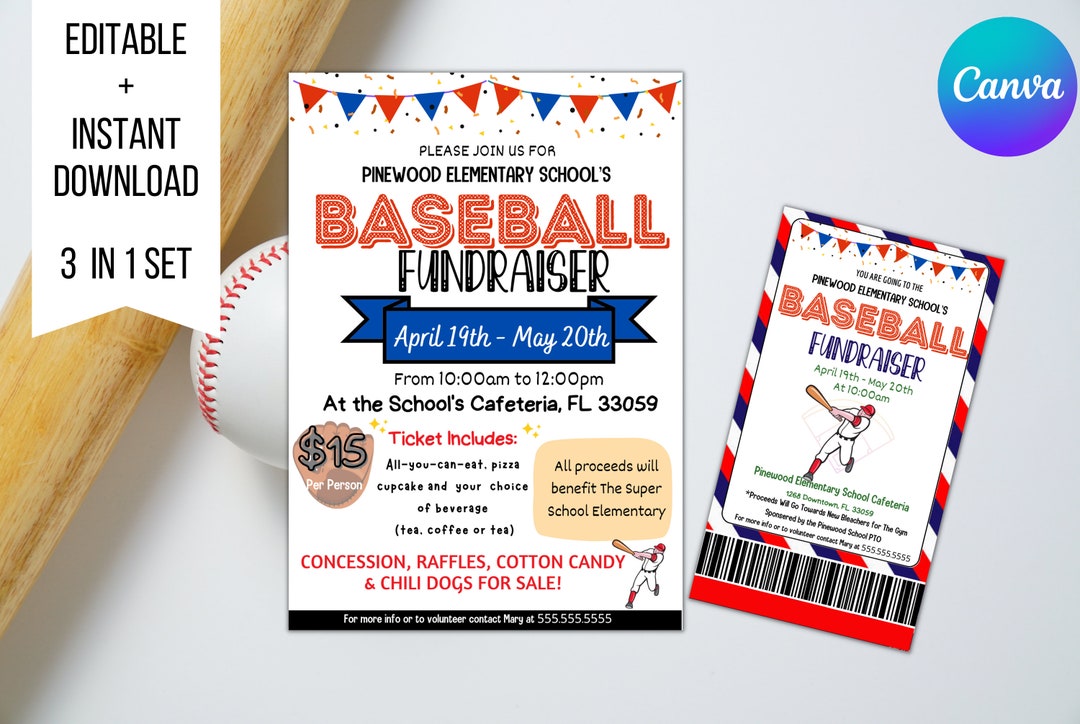 EDITABLE Baseballs Fundraiser Flyer Template With Ticket , Charity Non ...