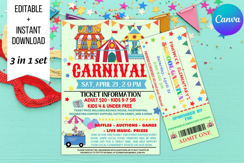 EDITABLE Carnival Flyer& Ticket, Printable PTA PTO Flyer, School Church ...