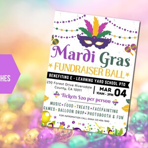 Editable Mardi Gras Invitation Flyer Template, Mardi Gras Class Party ...