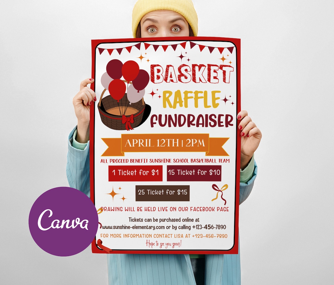 Basket Raffle Fundraiser Flyer, Editable Basket Raffle Fundraiser Template, School Pto Pta ...