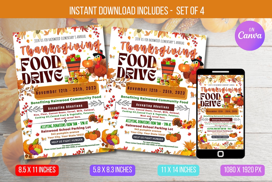 EDITABLE Thanksgiving Food Drive Flyer, School Church Fundraiser Invite ...