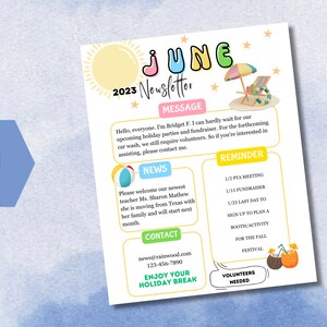 EDITABLE June PTO Newsletter Template, Classroom Printable Handout ...