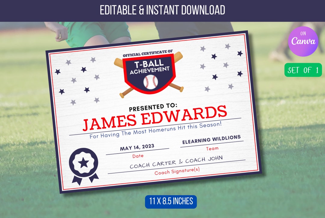 EDITABLE T-ball Award Certificate Template, Baseball Team Awards ...