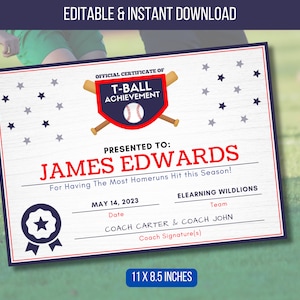 EDITABLE T-ball Award Certificate Template, Baseball Team Awards ...