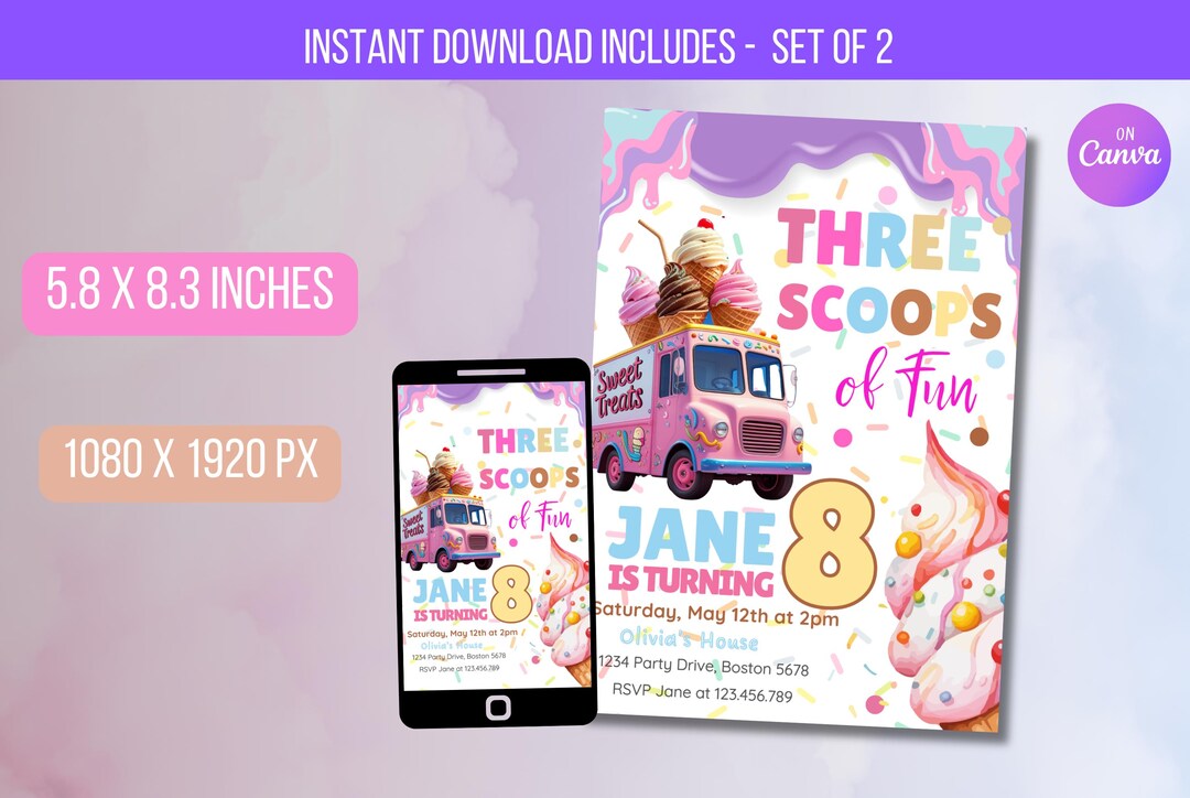 EDITABLE Three Scoops of Fun Ice Cream Birthday Invite, Ice Cream Truck ...