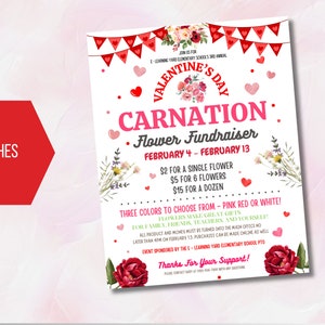 EDITABLE Valentines Day Carnation Flower Fundraiser Flyer, Fundraiser ...