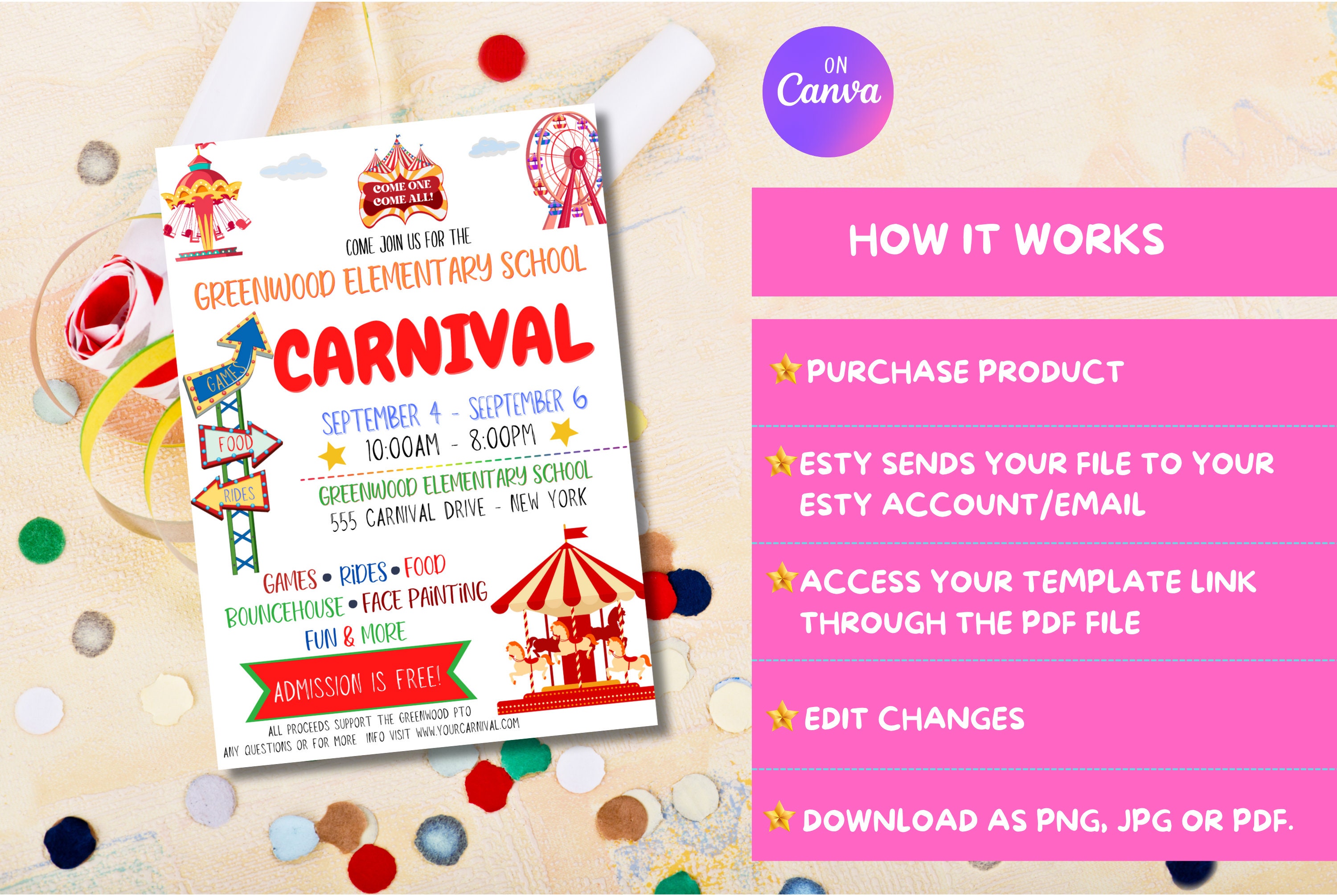 EDITABLE Carnival Flyer, Printable PTA PTO Flyer, School Church Benefit Fundraiser Event Poster ...