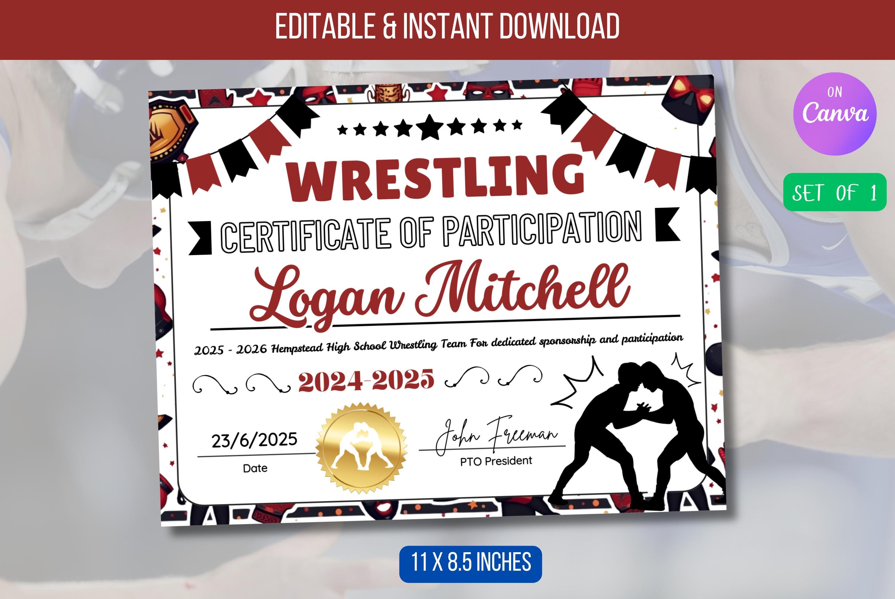 EDITABLE Wrestling Award Ceremony Certificate, End of Season Wrestling ...