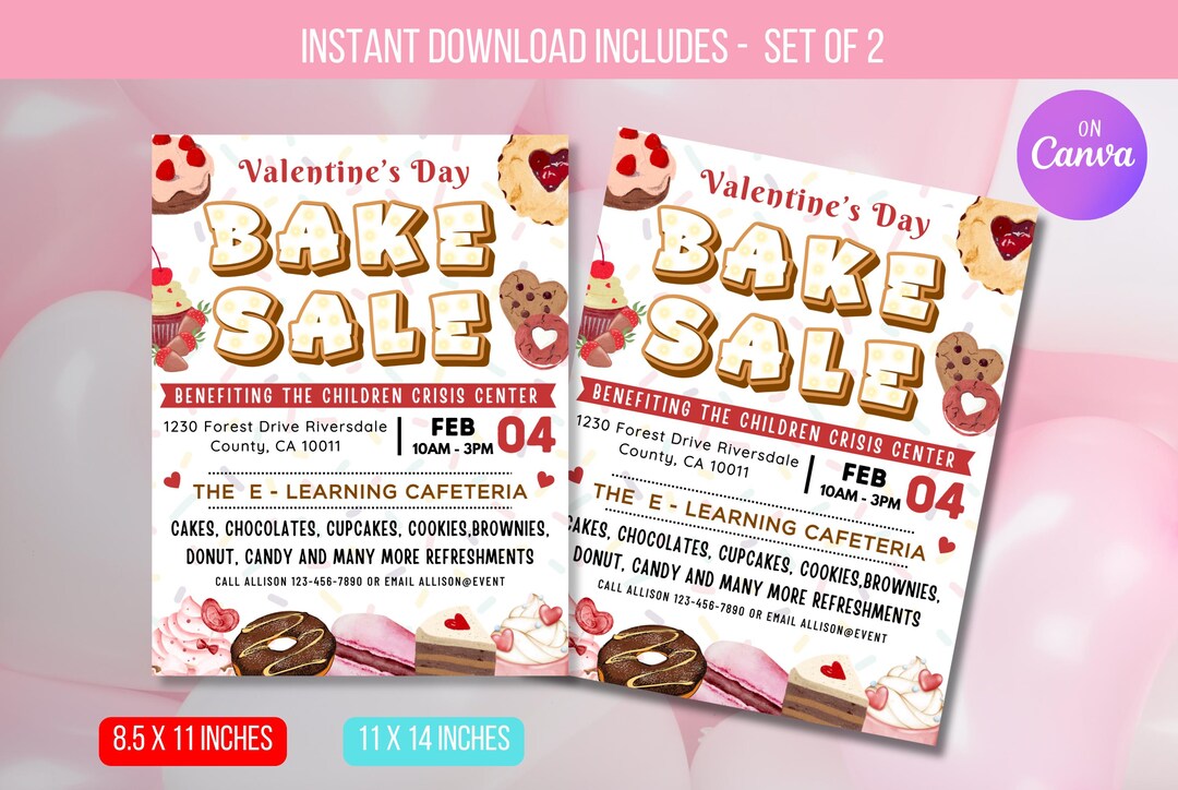 EDITABLE Valentine's Day Bake Sale Fundraiser Flyer February Event ...