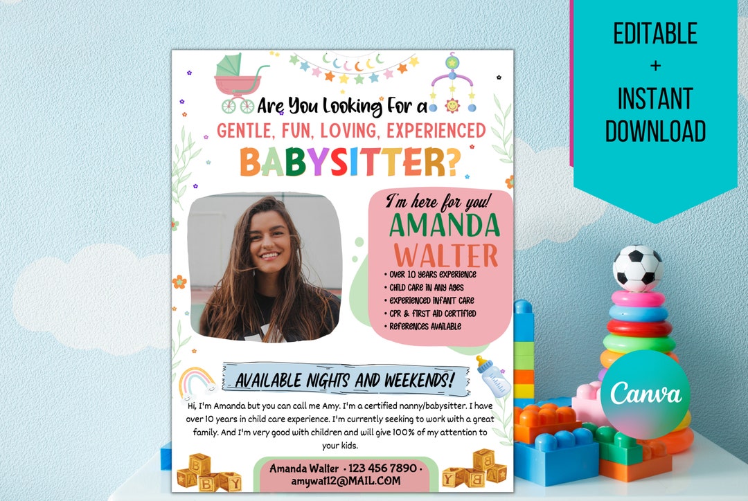 Editable Babysitter Flyer, Childcare Services Community Caretaker ...