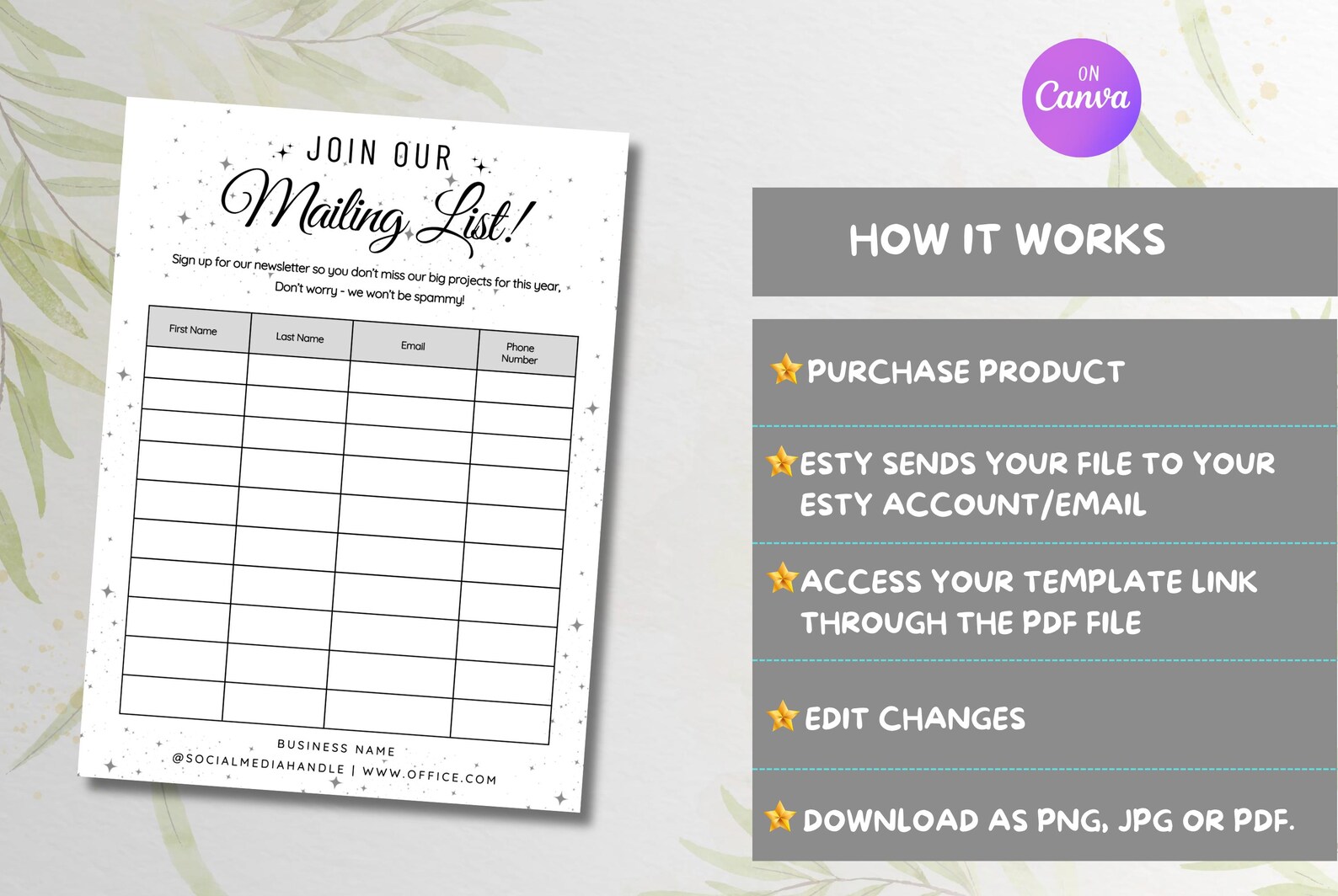 EDITABLE Mailing List Template, Email Address List Sign up Sheet, Small ...