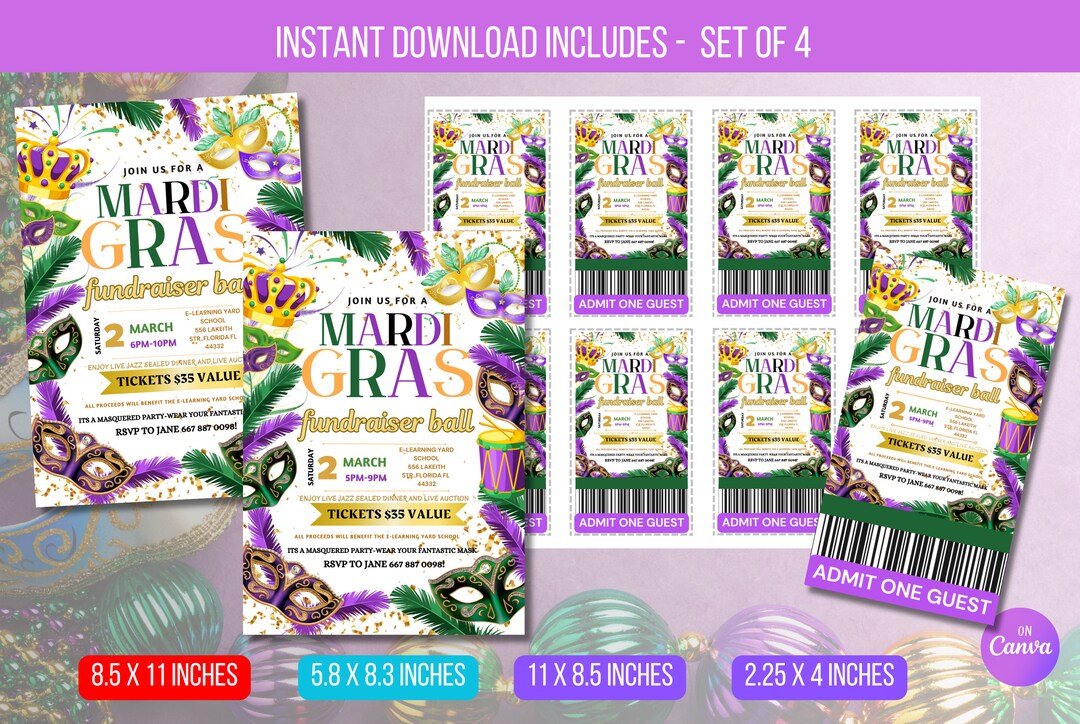 EDITABLE Mardi Gras Fundraiser Ball Invitation Flyer With Invitation ...