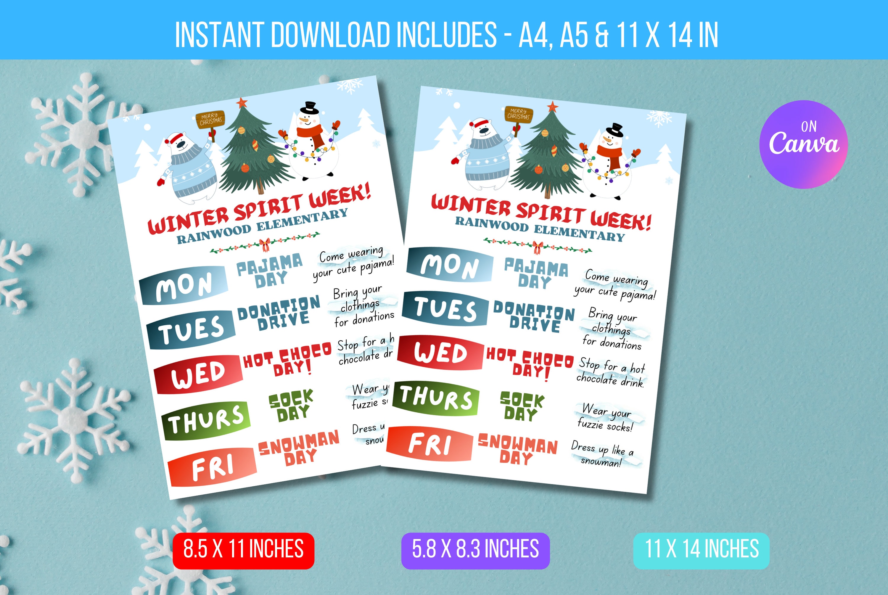 EDITABLE Winter Spirit Week Schedule Flyer Template Printable Spirit ...