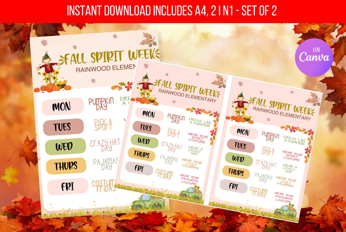 EDITABLE Fall Spirit Week Schedule Template, Printable Spirit Week ...