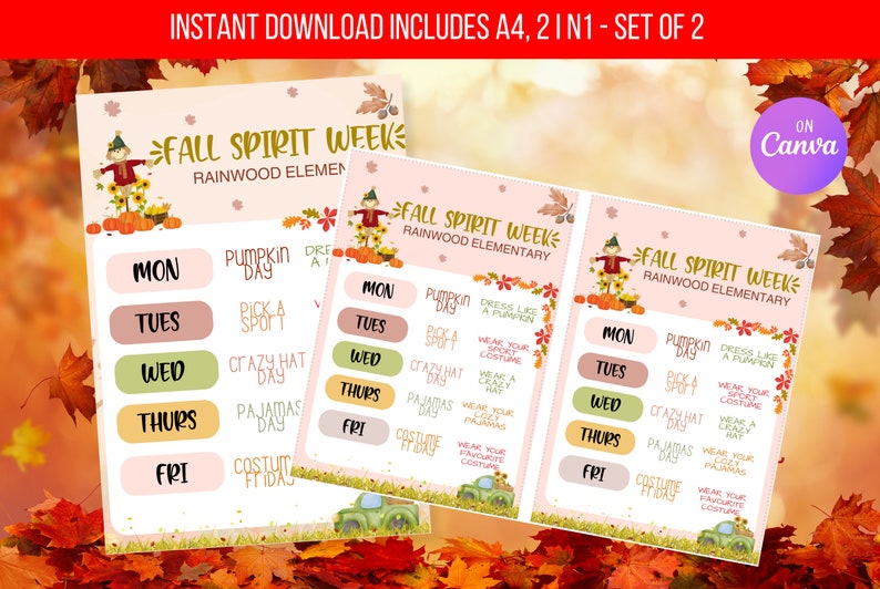 EDITABLE Fall Spirit Week Schedule Template Printable Spirit - Etsy