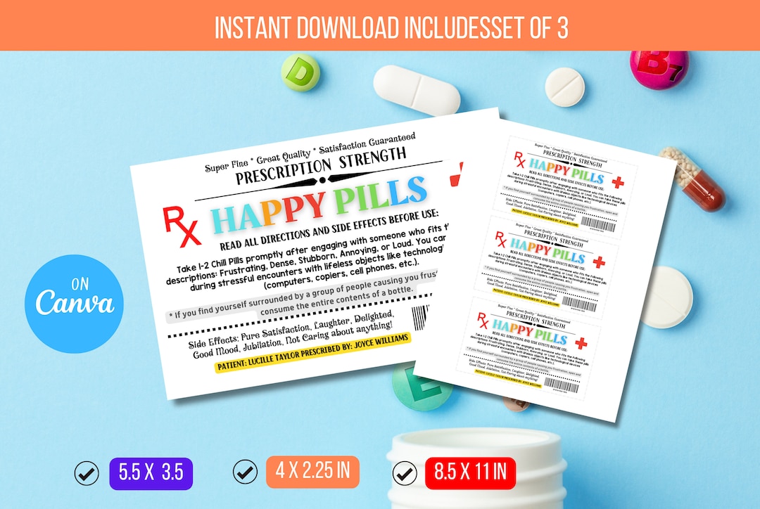 EDITABLE Happy Pills Label, Funny Gag Gift Professional Office Gift ...