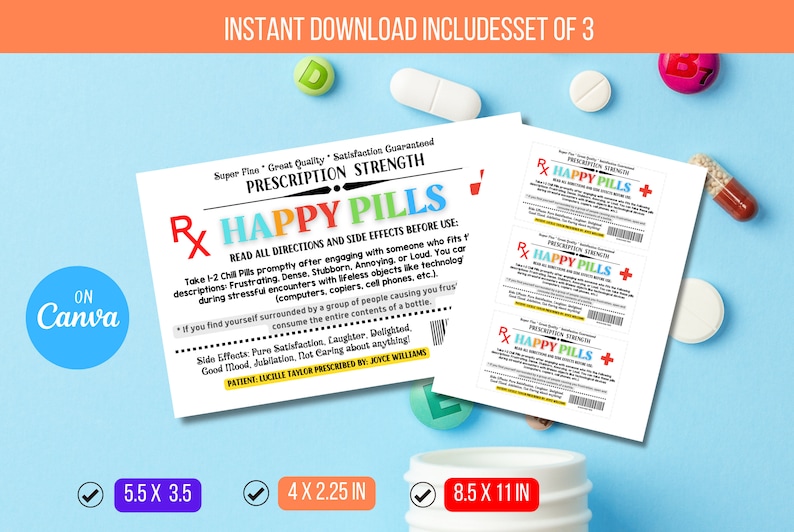 EDITABLE Happy Pills Label, Funny Gag Gift Professional Office Gift ...