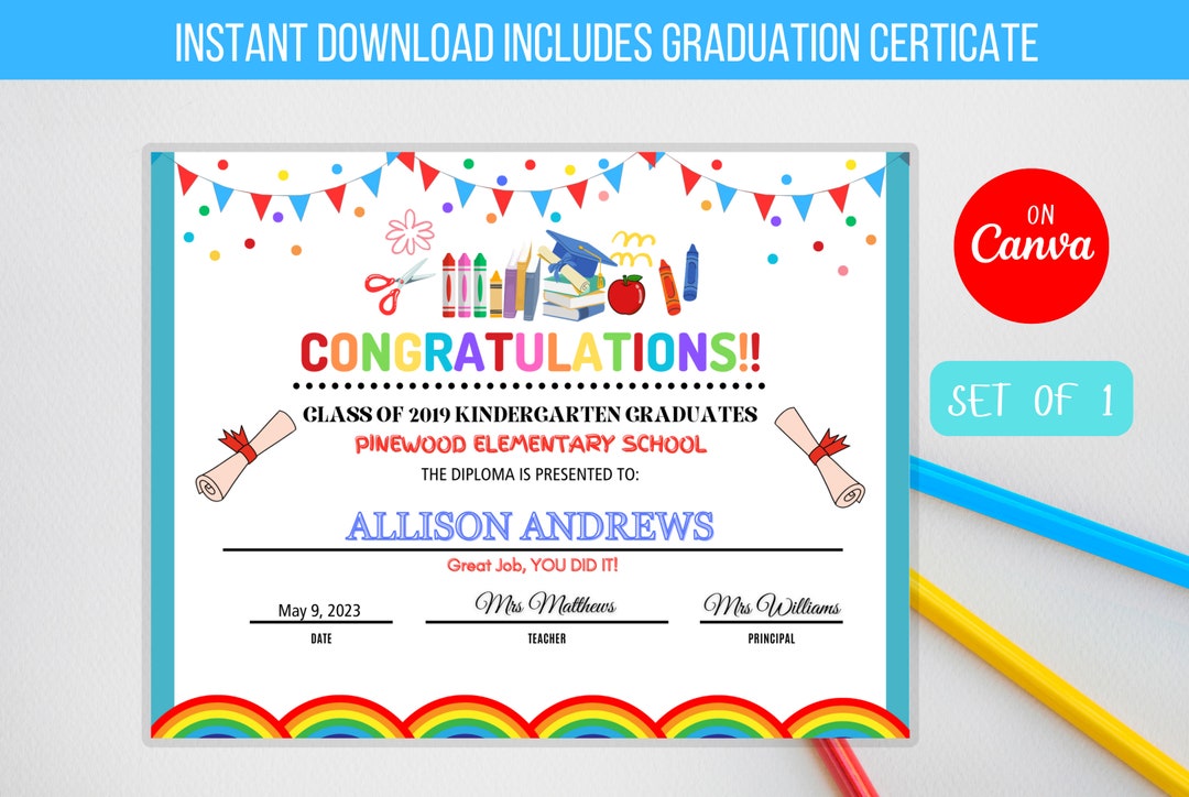Printable Kindergarten Diploma, Editable School Diploma Certificate ...